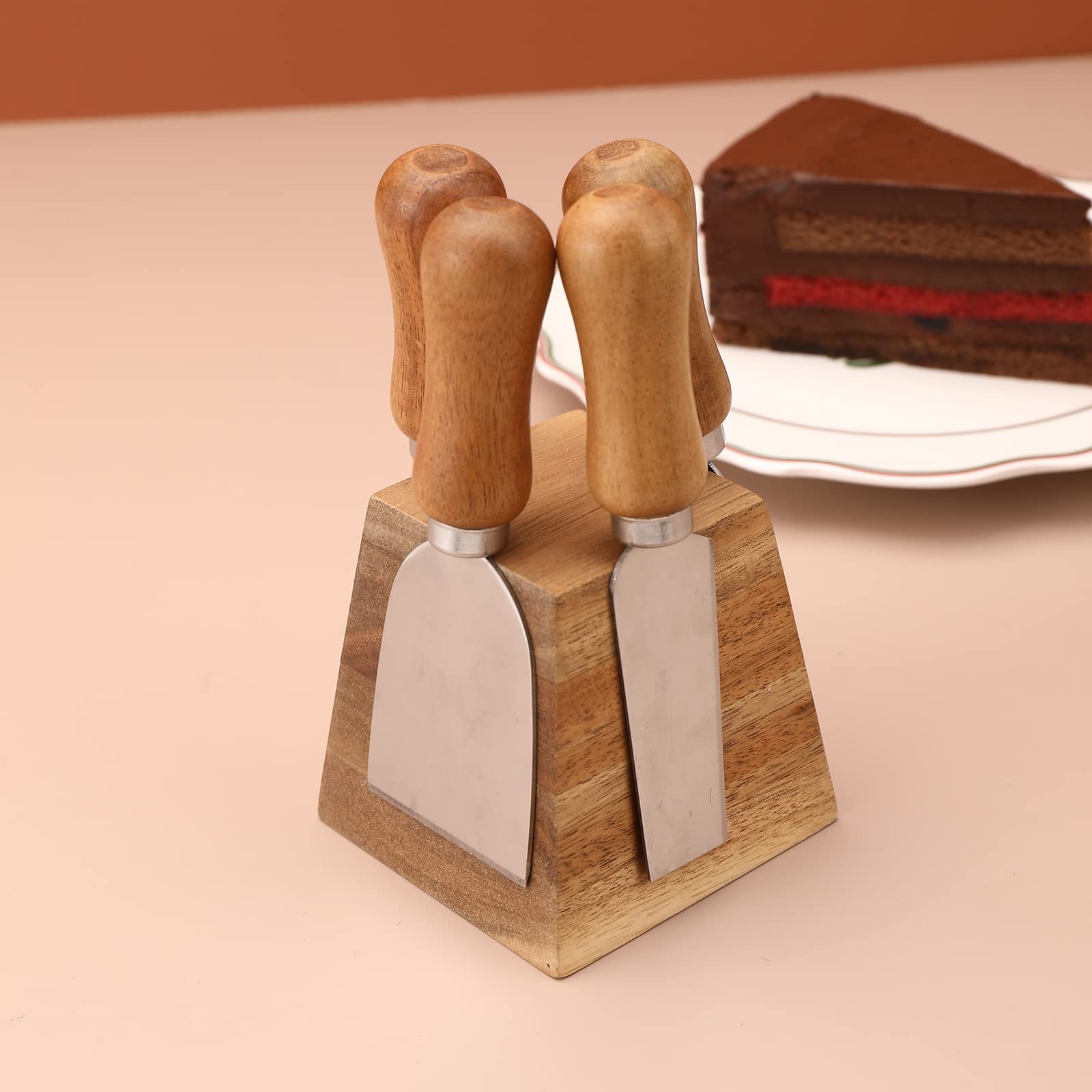 olelo 4 Pieces Cheese Knives Set Includes 4 Stainless Steel Cheese Slicer Cheese Cutter with Wooden Handle & 1 Wooden Magnetic Block Standā¦