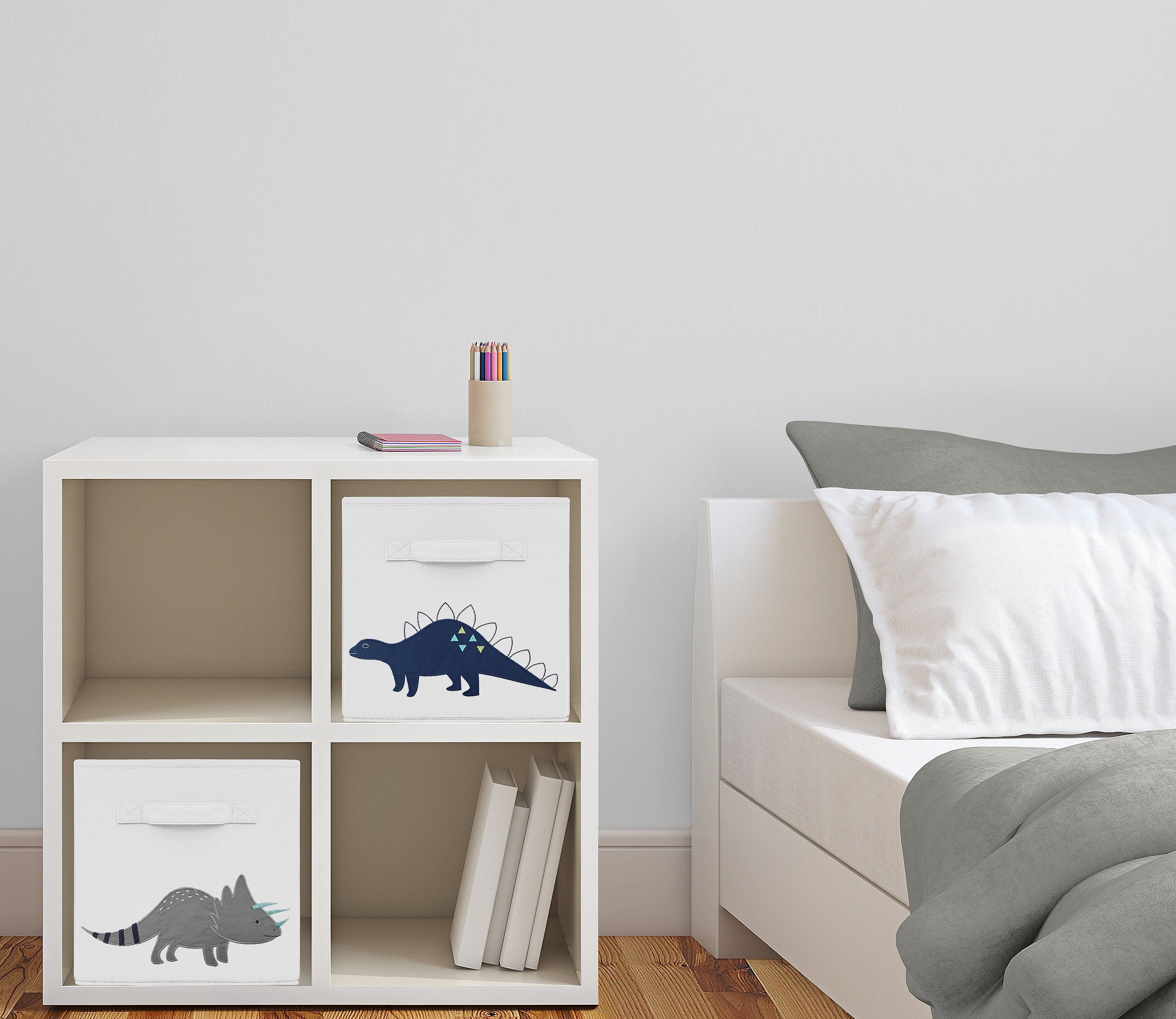 Sweet Jojo Designs Navy Blue and Grey Modern Dino Foldable Fabric Storage Cube Bins Boxes Organizer Toys Kids Baby Childrens for Mod Dinosaur Collection Set of 2