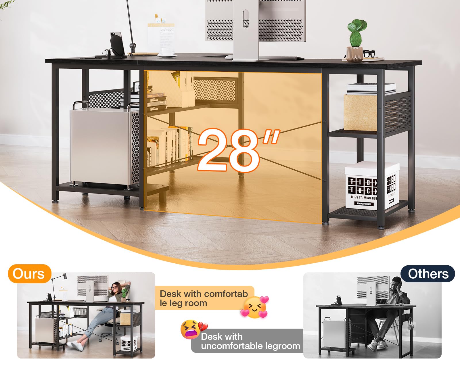 ODK 59" L Shaped Desk with Power Outlet and USB Charging Ports, Reversible L Shaped Computer Desk with Storage Shelves, Home Office Desk, Gaming Desk, Corner Desk, Black