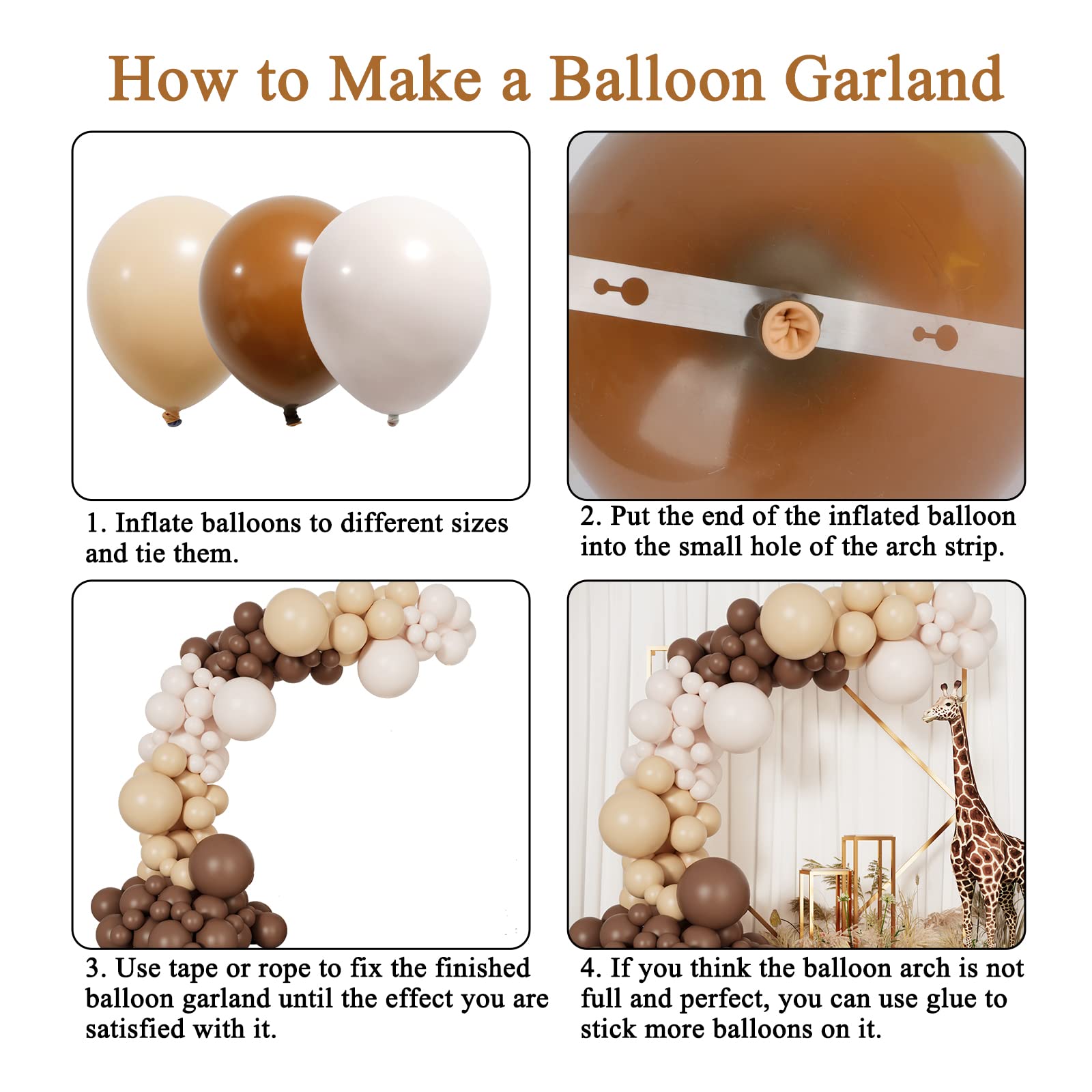 RUBFAC 276pcs Brown Balloons Garland Arch Kit with Double-Stuffed Boho Coffee Brown Beige White Balloon for Teddy Bear Baby Shower Jungle Safari Party Birthday Decorations