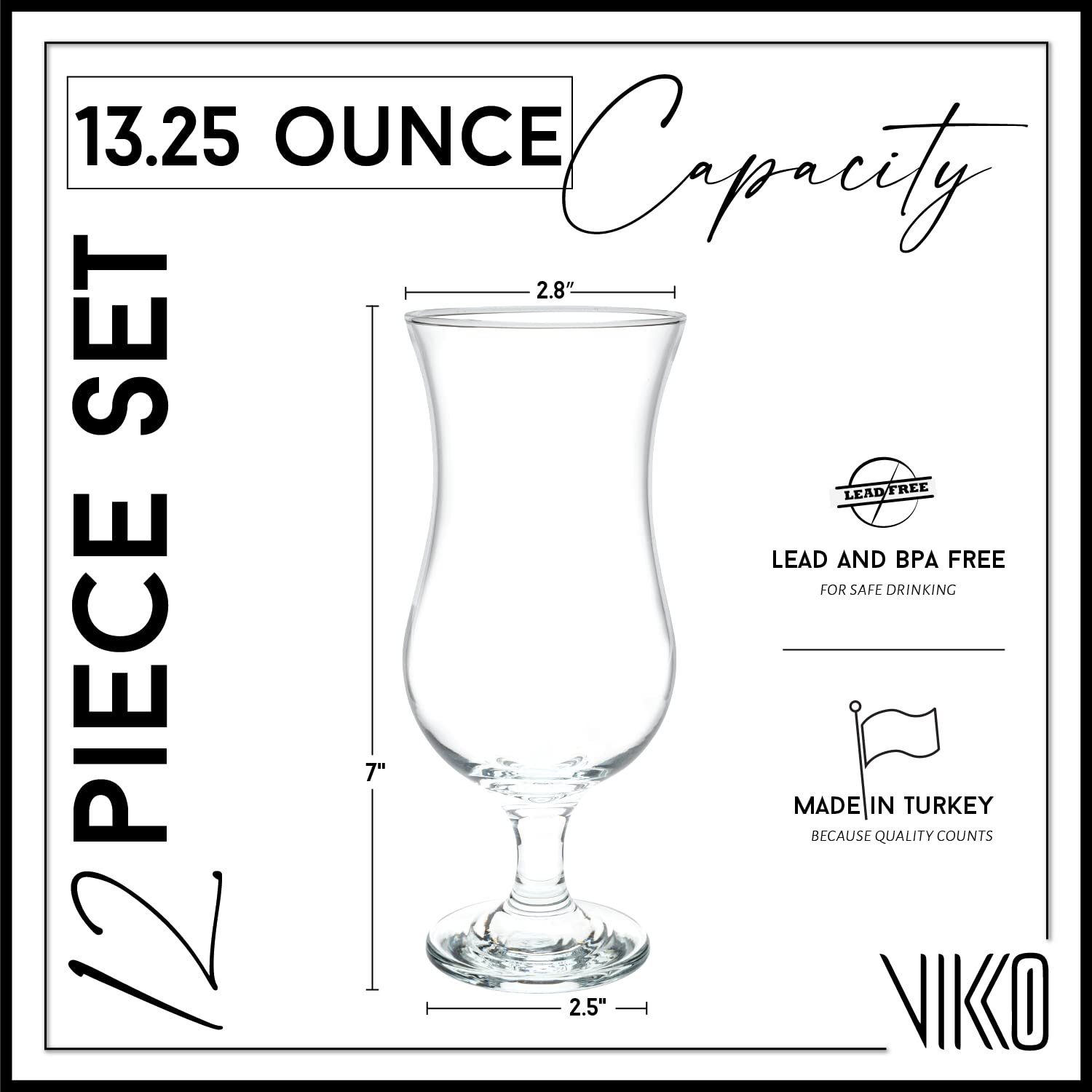 Vikko Hurricane Glasses, Set of 12 Pina Colada Glasses, 13.25 Ounce Cocktails Glasses Set, Durable Dishwasher Safe Party Glass