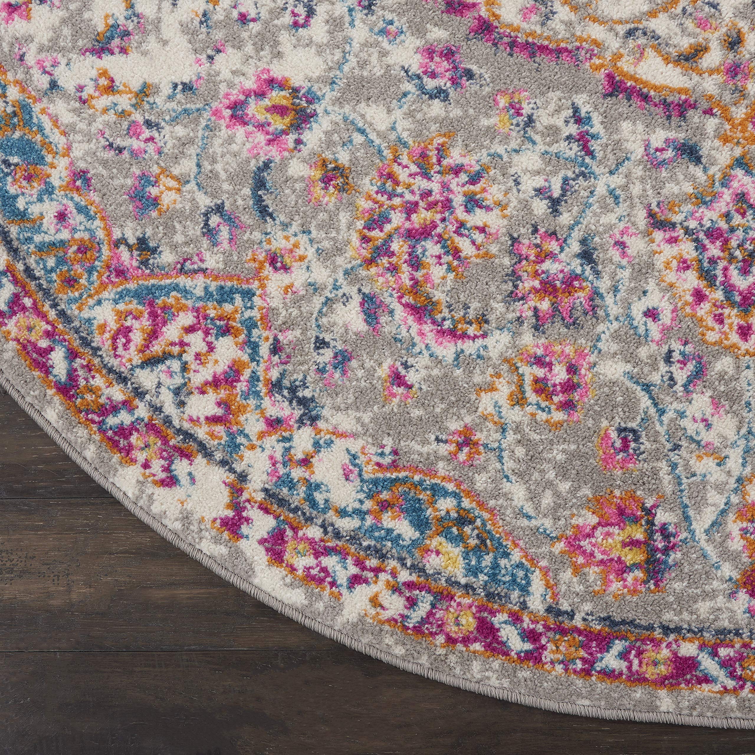 Nourison Passion Grey/Multi 4' x Round Area -Rug, Farmhouse, Transitional, Bed Room, Living Room, Dining Room, Kitchen, Easy -Cleaning, Non Shedding, (4' Round)