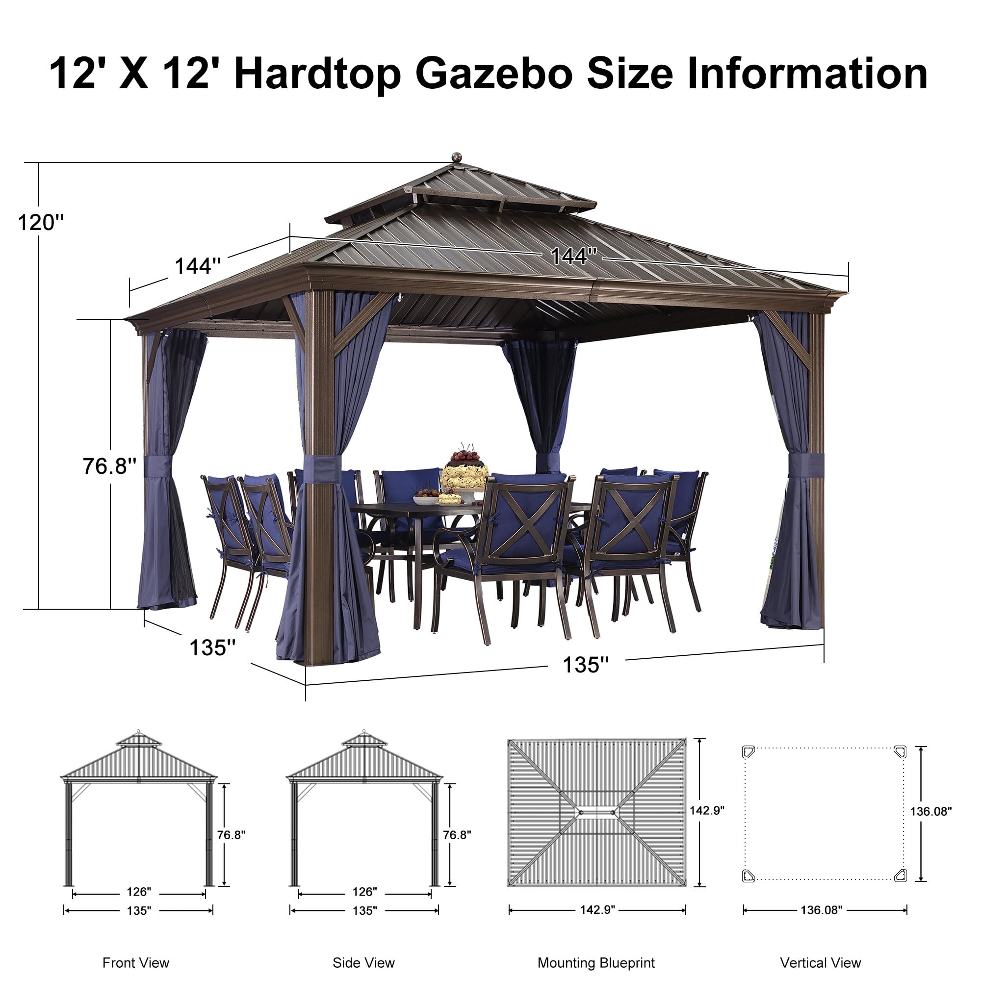 PURPLE LEAF 12' X 12' Hardtop Gazebo Canopy with Netting and Curtains for Outdoor Hot Tub Heavy Duty Backyard Sunshade Deck Metal Roof Patio Permanent Pavilion