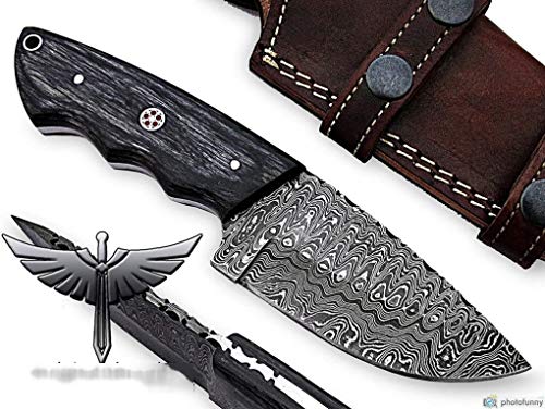 ONLYHANDMADE Handmade Damascus Knife with Exotic Wood Handle and Genuine Leather Sheath, 7.75” Length with Full Tang Fixed Blade for Hunting, Skinning, and Camping, Heavy Duty Steel (Black Wood)