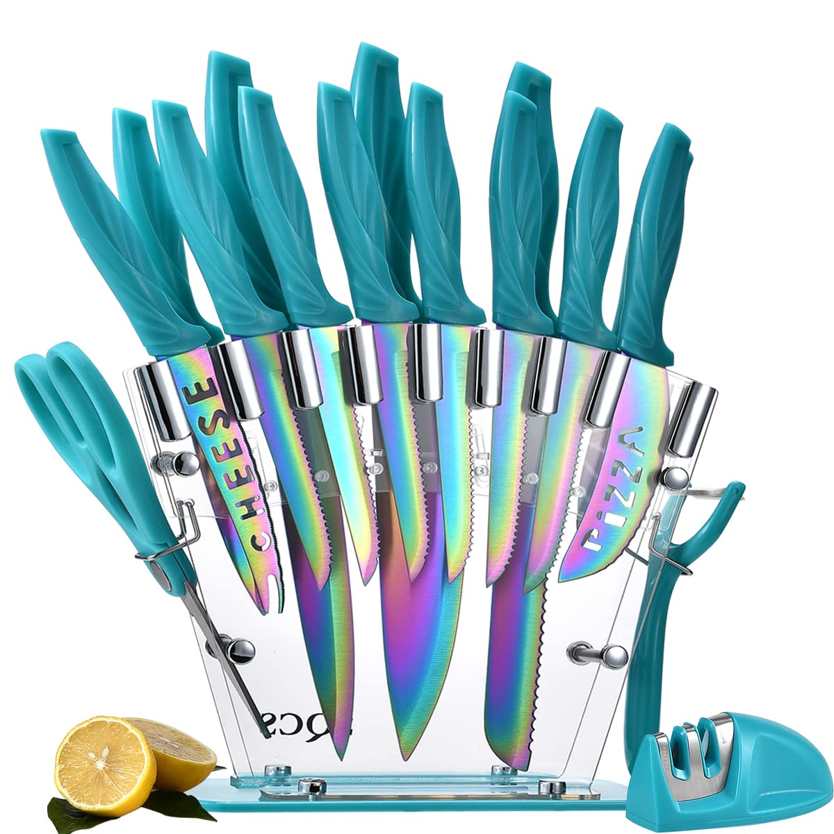 Rainbow Titanium Knife Set 17 PCS Kitchen Knives Set Sharp Cutlery Knife Sets Contain 6 Steak Knives Sharpener Clear Acrylic Stand Nonstick Chef Knife Block Set (Turquoise)
