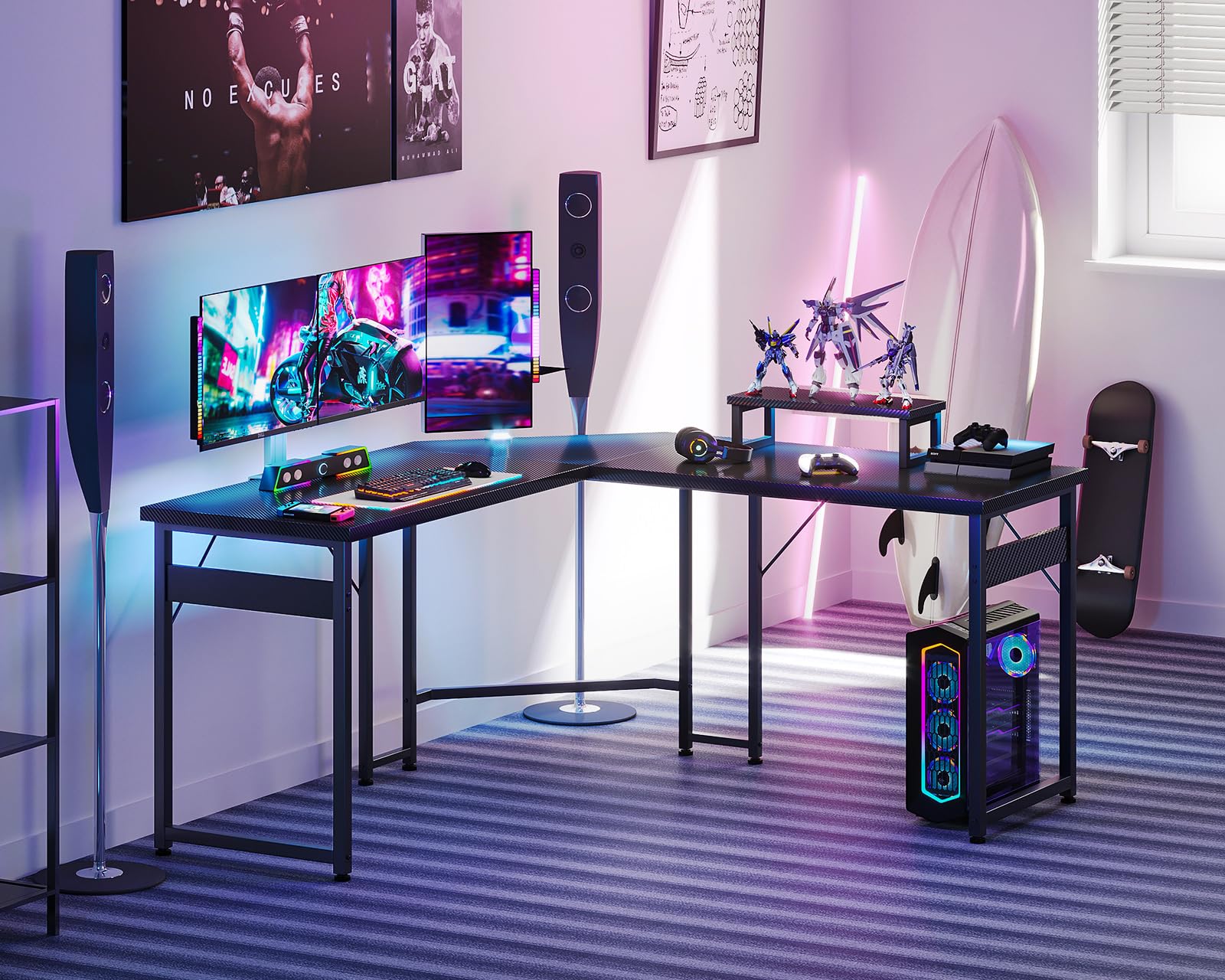 ODK L Shaped Gaming Desk with Power Outlets, 51 Inch Computer Desk with Monitor Stand, PC Gaming Desk, Corner Desk Table for Home Office Sturdy Writing Workstation, Carbon Fiber Surface, Black