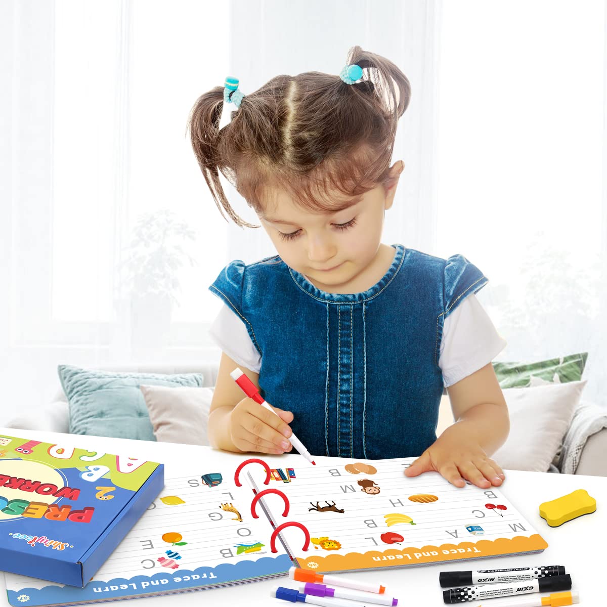 shirylzee Preschool Learning Activities for Kids, 6 Themes Prek Handwriting Practice Activity, Educational Montessori Toys for 3 4 5 6 Year Old Reusable Activity Mats with 2 Dry Erase Markers