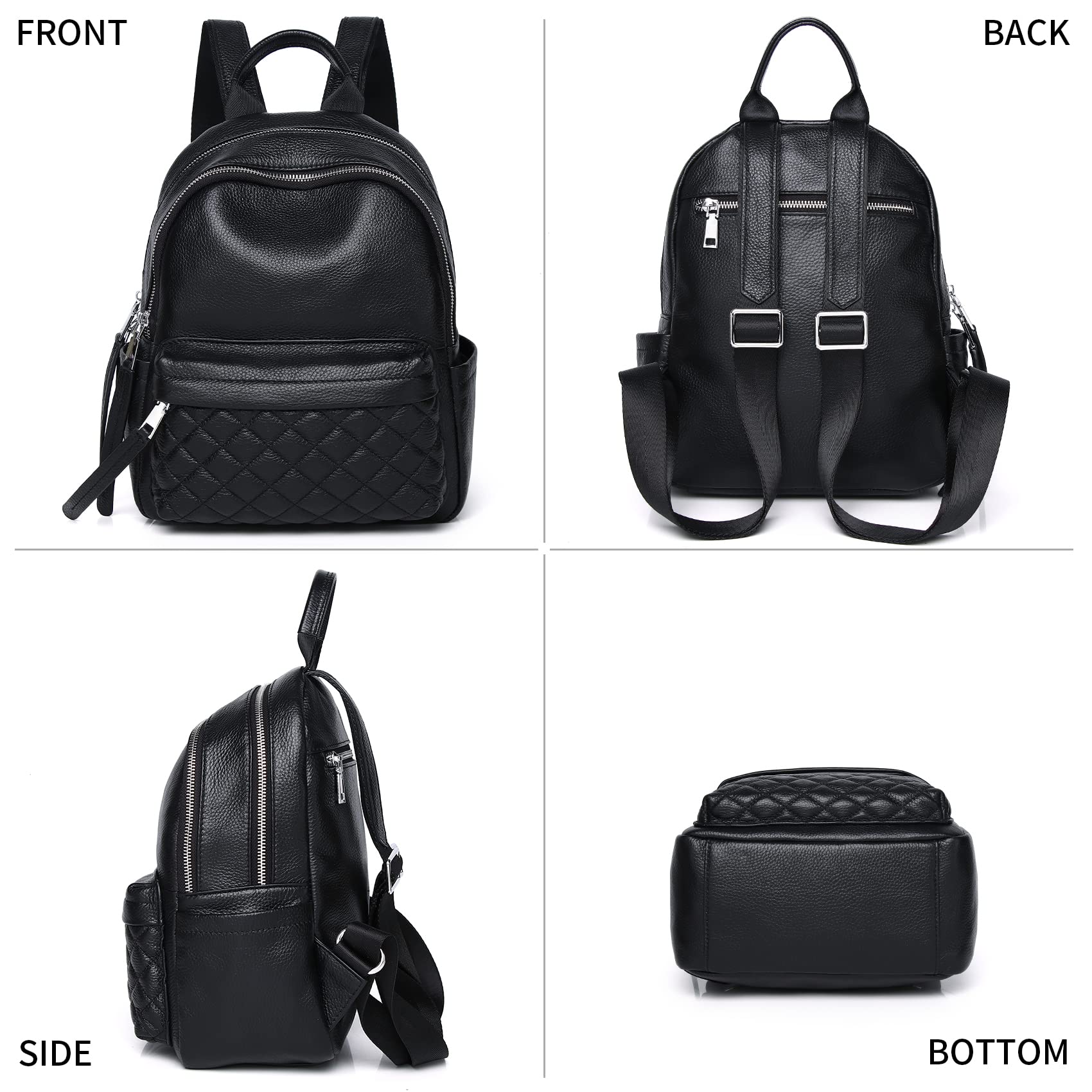 Wesccimo Genuine Leather Backpack Purse For Women Small Size Black Quilted Real Soft Leather Casual Daypack Backpack