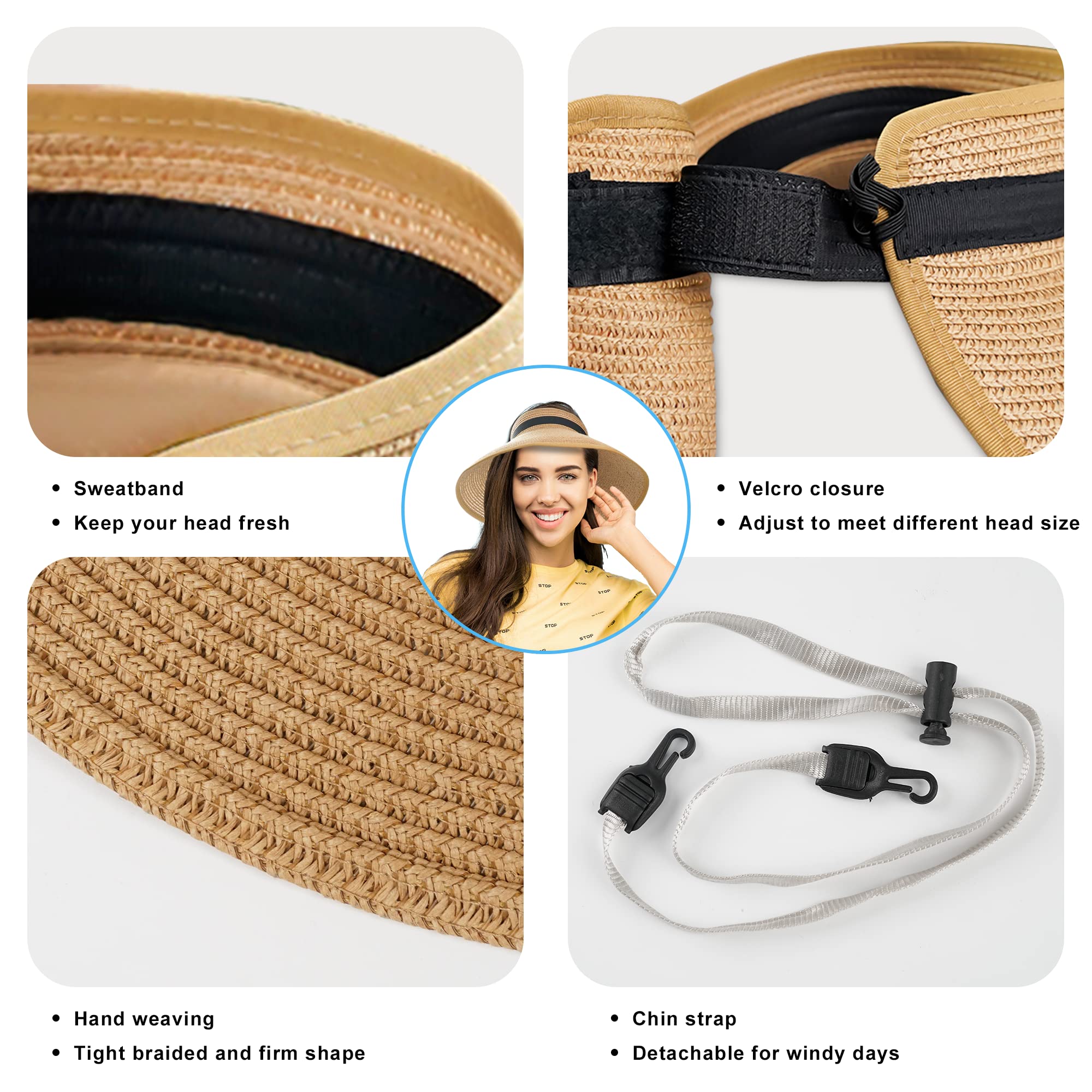 Sun Visor Hats for Women, Summer Beach Hat with Wide Brim, Adjustable Sun UV UPF50+ Protection Visor Hat, Roll Up Ponytail Hat Packable Foldable for Travel Vacation A-Khaki