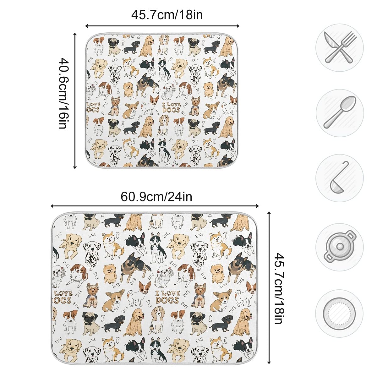 xigua Dog Dish Drying Mat for Kitchen Counter,Texture Ultra Absorbent Reversible Microfiber Dishes Drying Rack Pad Heat-resistant Mats 16x18in