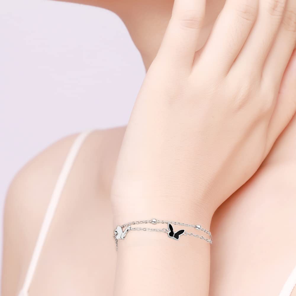 SUNCHIO Women's silver Butterfly Bracelet Simple Adjustable Zircon Wrist Bracet Jewelry Gift for Women (Silver)