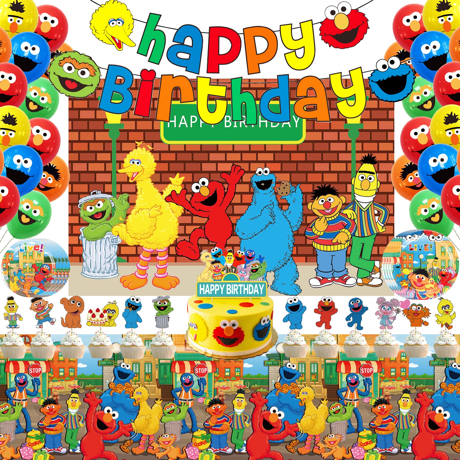 Sēsame Strēet Birthday Decorations for Birthday Party, Include Banners, Backdrop, Cake Topper, Tablecloth, Paper Plates, Cupcake toppers, Balloons