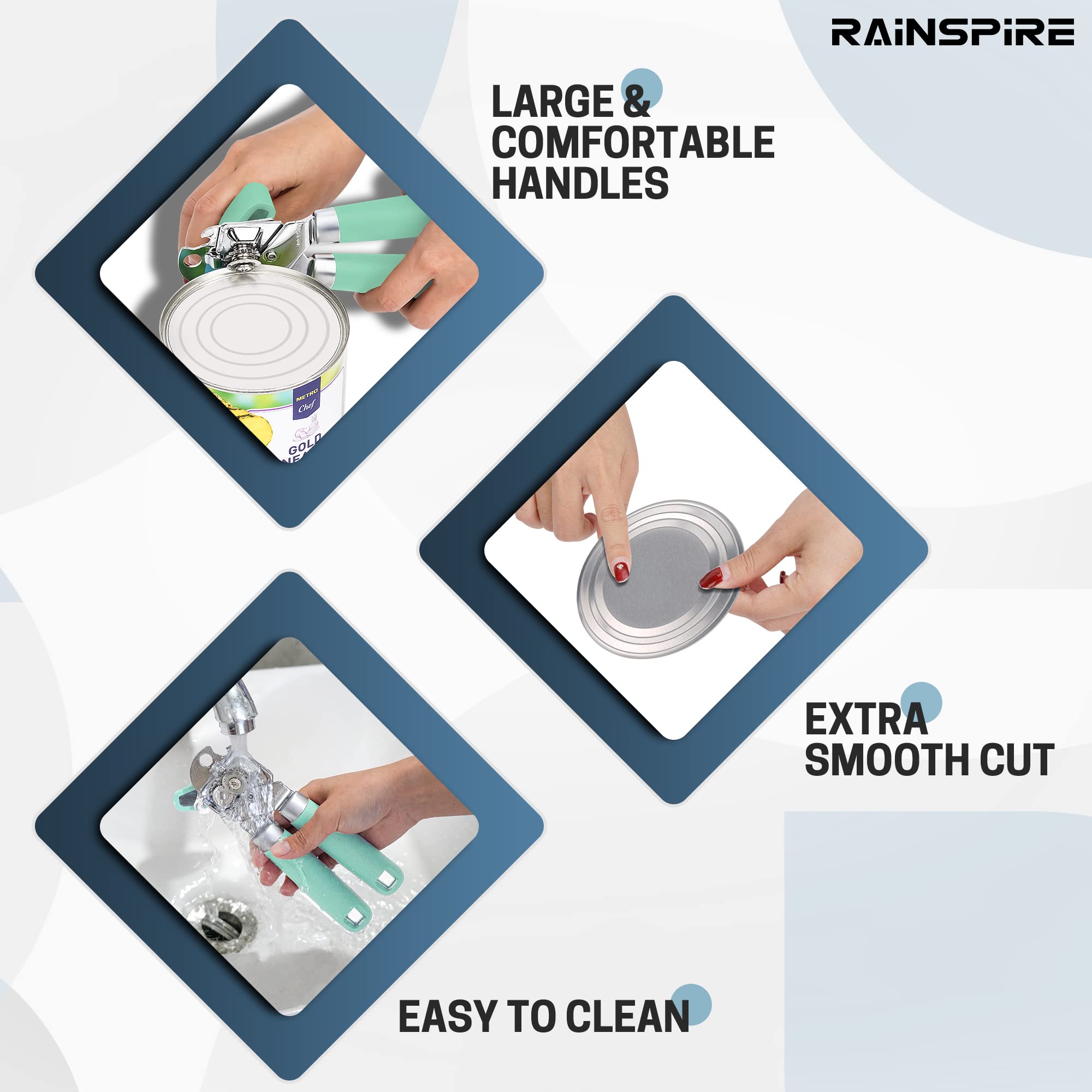 Rainspire Can Opener Manual Handheld Strong Manual Can Opener Smooth Edge Cut, Can Opener Heavy Duty, Comfortable Soft Handle, Built-in Bottle Opener, Mint Green