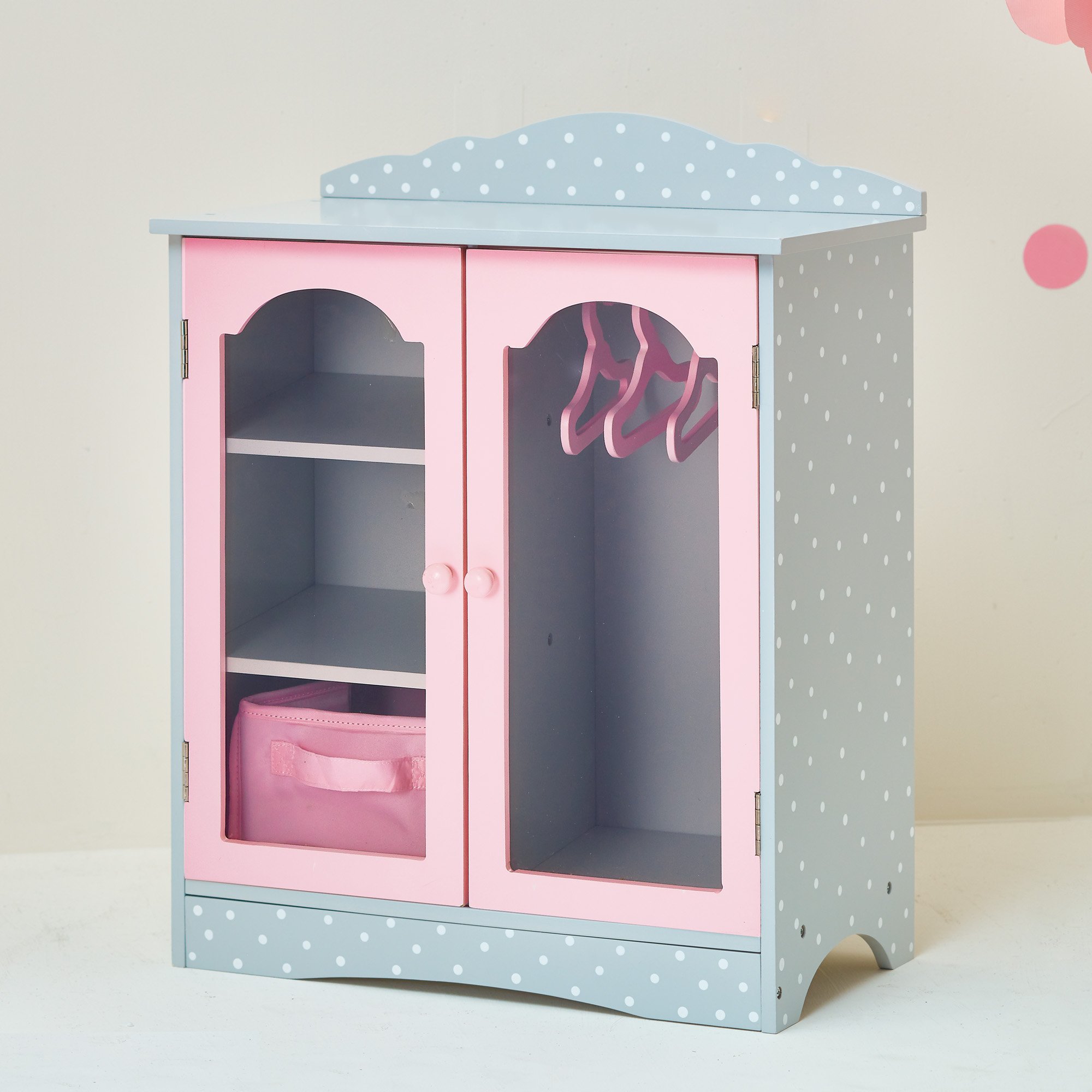 Olivia's Little World Polka Dot Princess Wooden Shaker-Style Double Closet for 18" Doll Wardrobes with Windowed Doors, Three Shelves, Hanging Space with Hangers, Gray/Pink