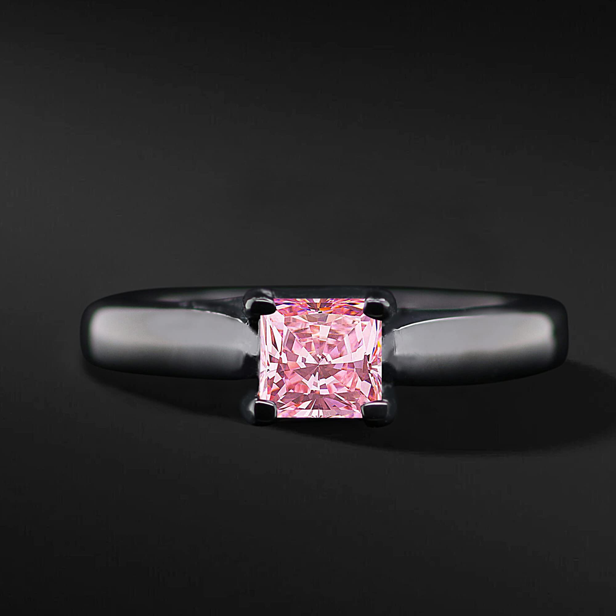 Pink Women`s Black Titanium Camo and Stainless Steel Princess Engagement Wedding Rings Set (7)