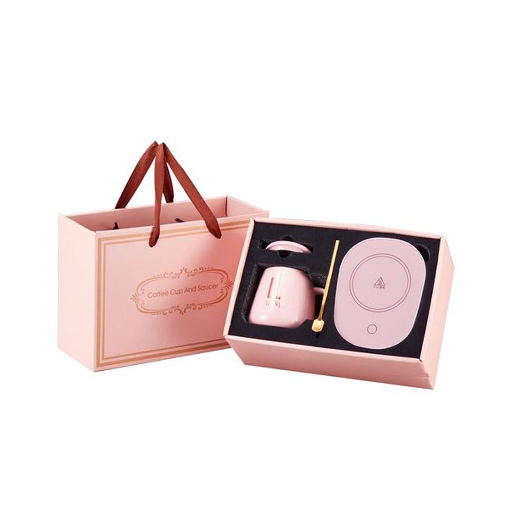 The Warm Coffee Cup Heating Set is a Great Value Gift for him and her, intelligently Turning Off The Beverage Heater Thermostat Desk Suitable for The Cup Set Coffee Cup with Spoon and Heater (Pink)