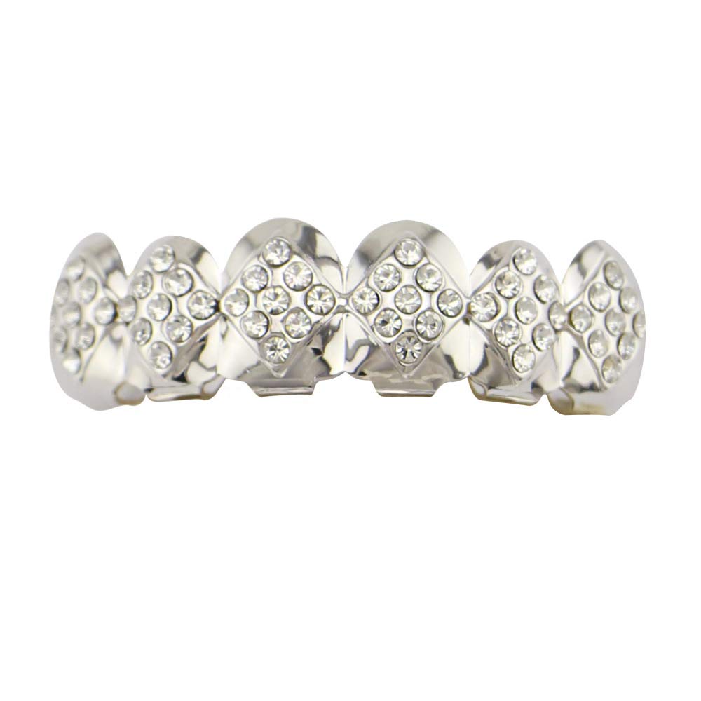 OOCC 18k Gold Plated Iced Out Grills with Diamond Hip Hop Teeth Grillz Caps Top and Bottom Set for Your Teeth (Silver)