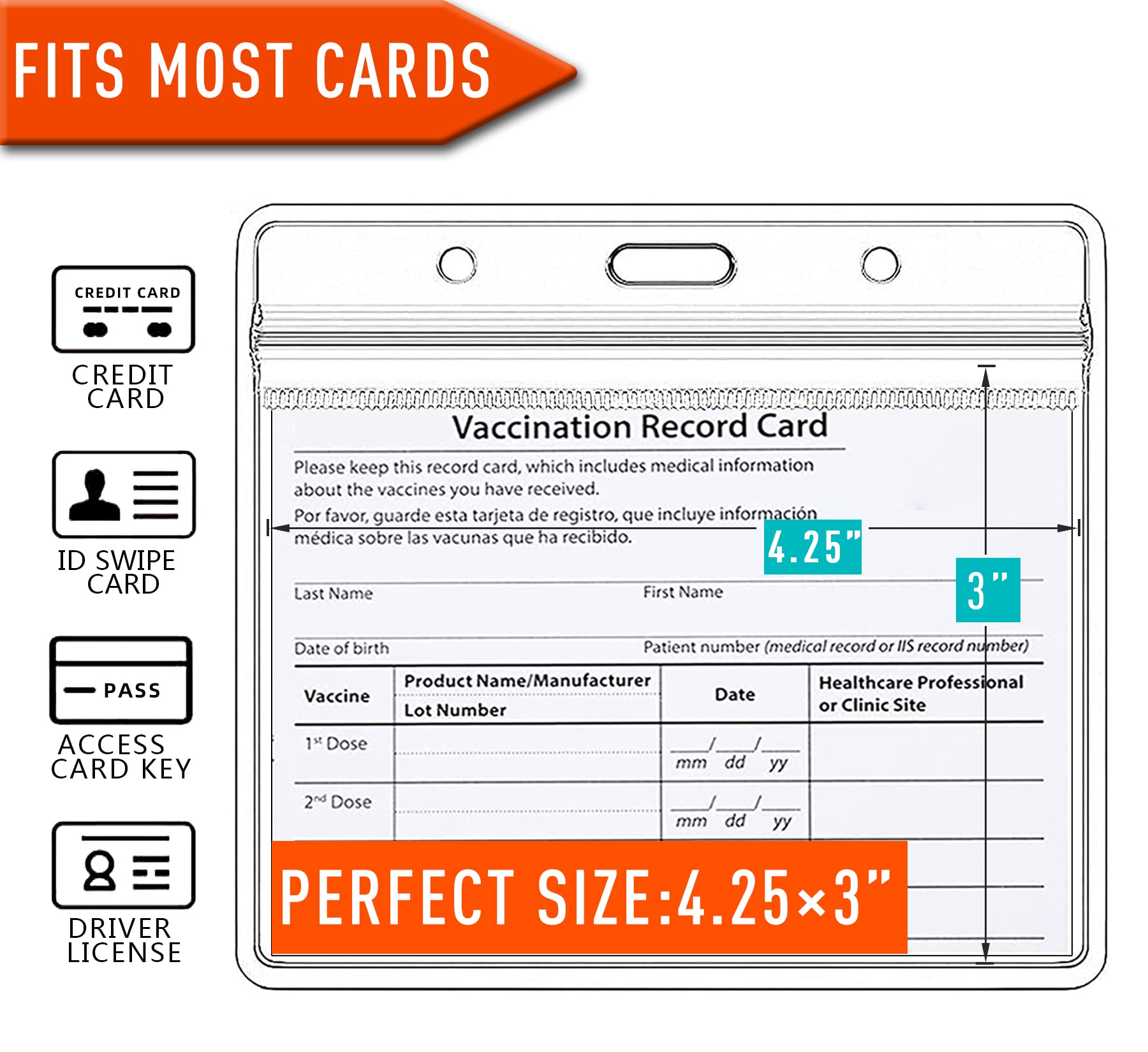 SUIXINFARO Waterproof Vaccination Card Protector, 10 Pack Plastic ID Holder for Card, Clear Sleeves with Hole Slots Lanyards, Vax Document Holders Resealable Zip, PVC - 4.25''x3'', Transparent