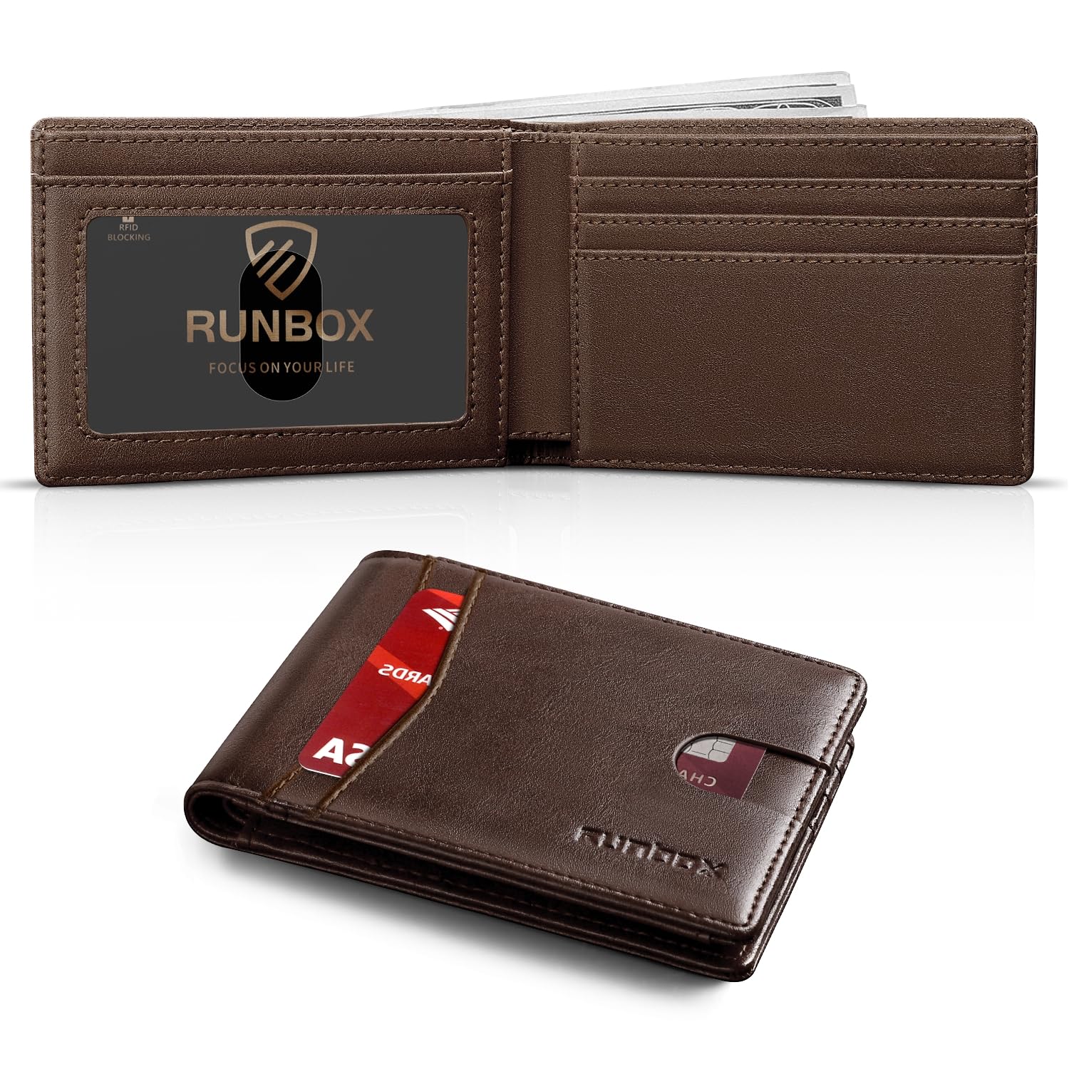 RUNBOX Wallet for Men Slim 8 Credit Card Holder Slots Leather RFID Blocking Small Thin Men's Wallet Bifold Minimalist Front Pocket Large Capacity Gift Box Coffee