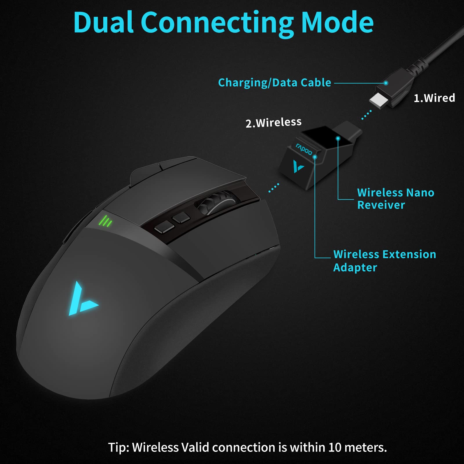 Rapoo Gaming Mouse, Wired and Wireless Dual Modes Rechargeable Ergonomic Design Optical, 11 Programmable Buttons, 5 Adjustable Customized DPI, RGB Backlight, Windows Desktop Laptop PC