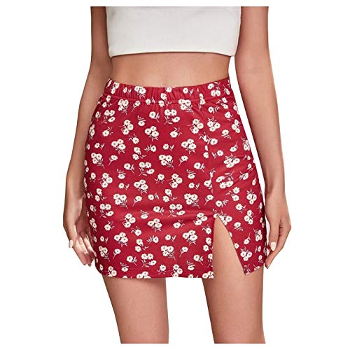 Womens Midi Skirt Flared Stretch Red Nightclub Short Side Print Hem Open Mini Sexy Women's Elastic Waist Dressy