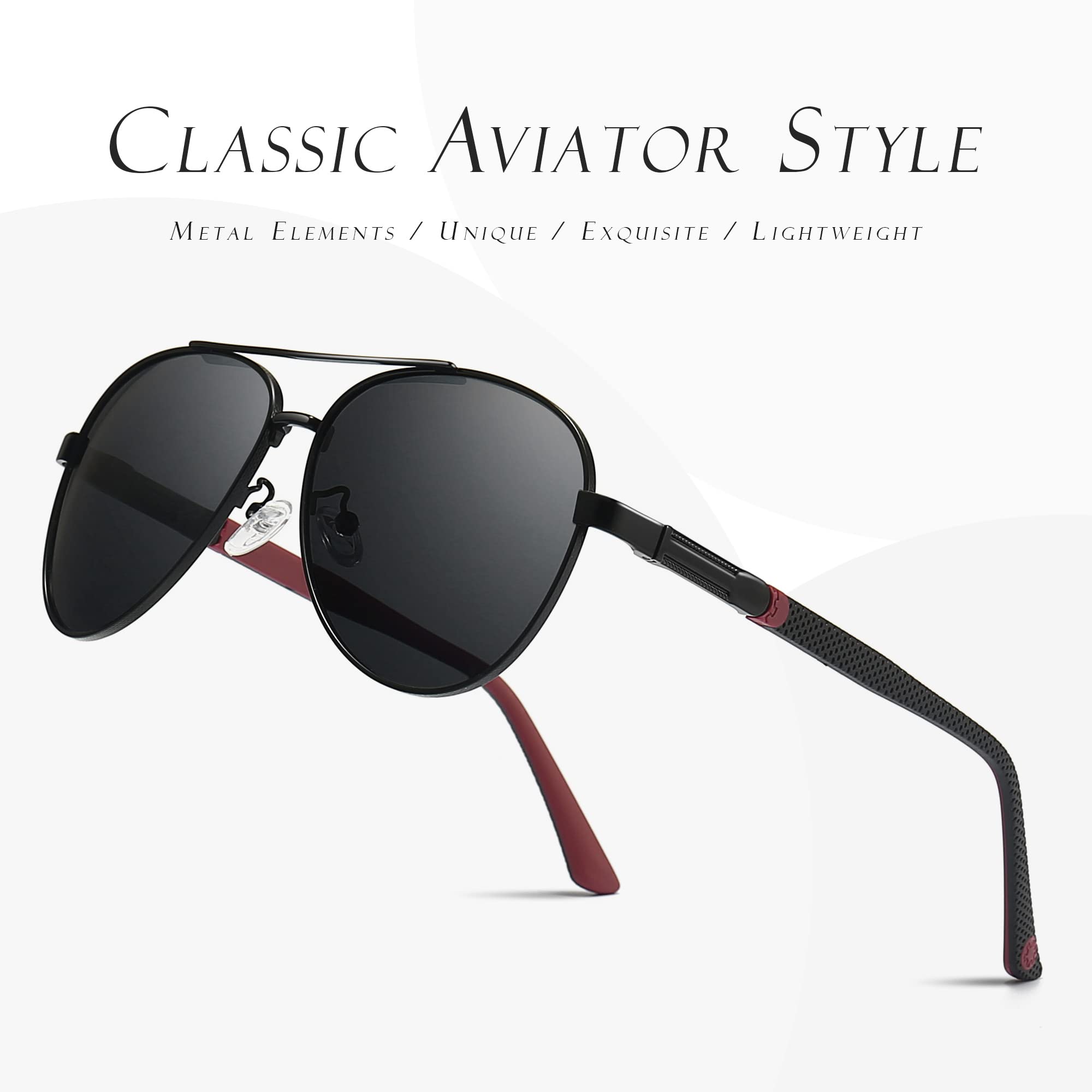 SUNGAIT Fashion Polarized Aviator Sunglasses for Men Women Classic UV Protection Pilot Shades w/Spring Hinge (Black Frame/Grey Lens, 59)