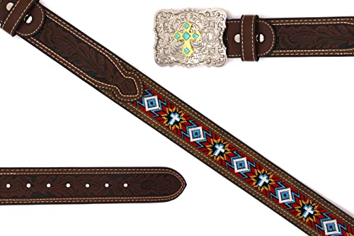 West Star Texas Embroidery Fabric Belt Aztec Print Men Women Cowboy Genuine Leather 1.5'' 2205 BR L