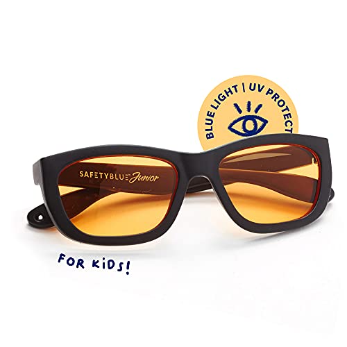 SafetyBlue - Ambient Nights Jr Kids Glasses, Non-Prescription Computer and Gaming Glasses with Green and Blue Light Filter, Ultra-Durable and Bendable, Unisex, Space Black