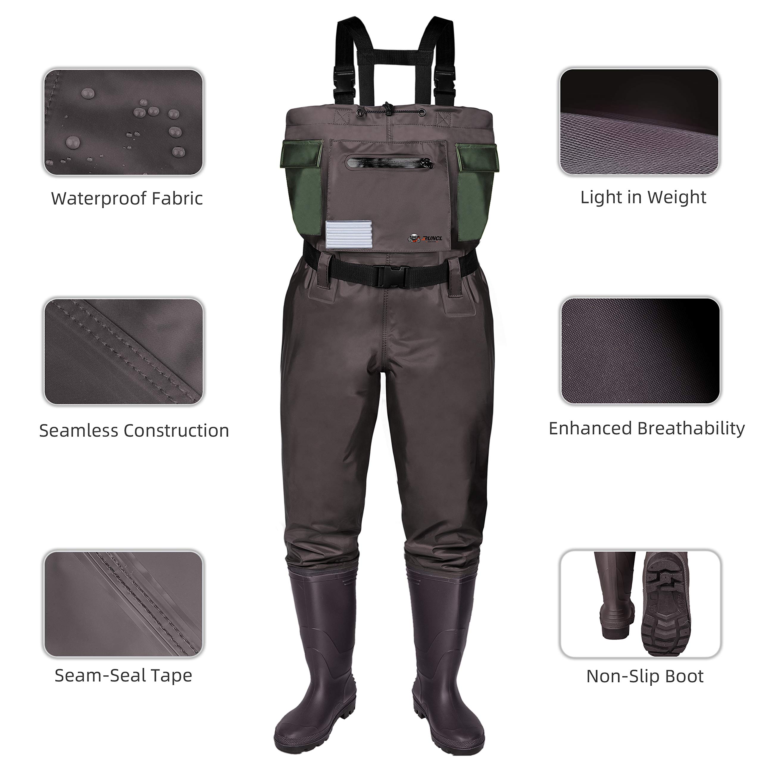 RUNCL Chest Waders with Boots Fishing Waders Waist-High Waders - Updated 400D Nylon Outer Seamless Breathable Tech Ergonomic Design Fly Patch - Wader Fishing Fly Fishing Hunting (Brown,M14)