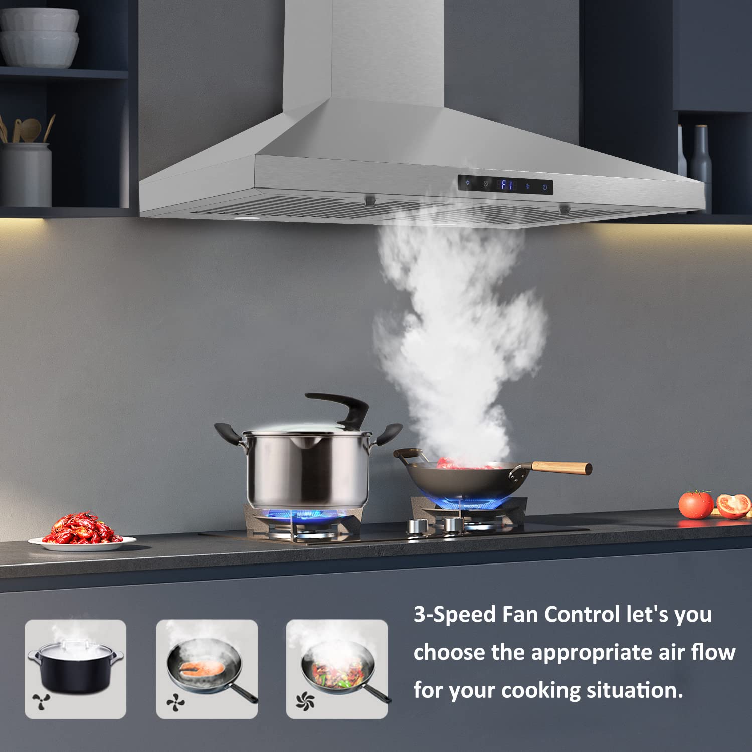 Range hood 30 Inch, Convertible Kitchen Wall Mount Range Hood in Stainless Steel with 500CFM, LED Lights, Stainless Steel Filters,Touch Control and Carbon Filters