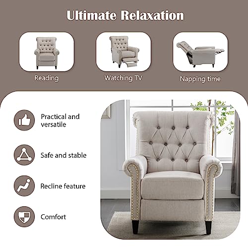Pushback Recliner Chair, Modern Button Tufted Wingback Single Sofa Chair with Nailheads & Roll Arm & Solid Wood Legs, Comfy Linen Upholstered Manual Reclining Sofa for Home Theatre Living Room, Tan