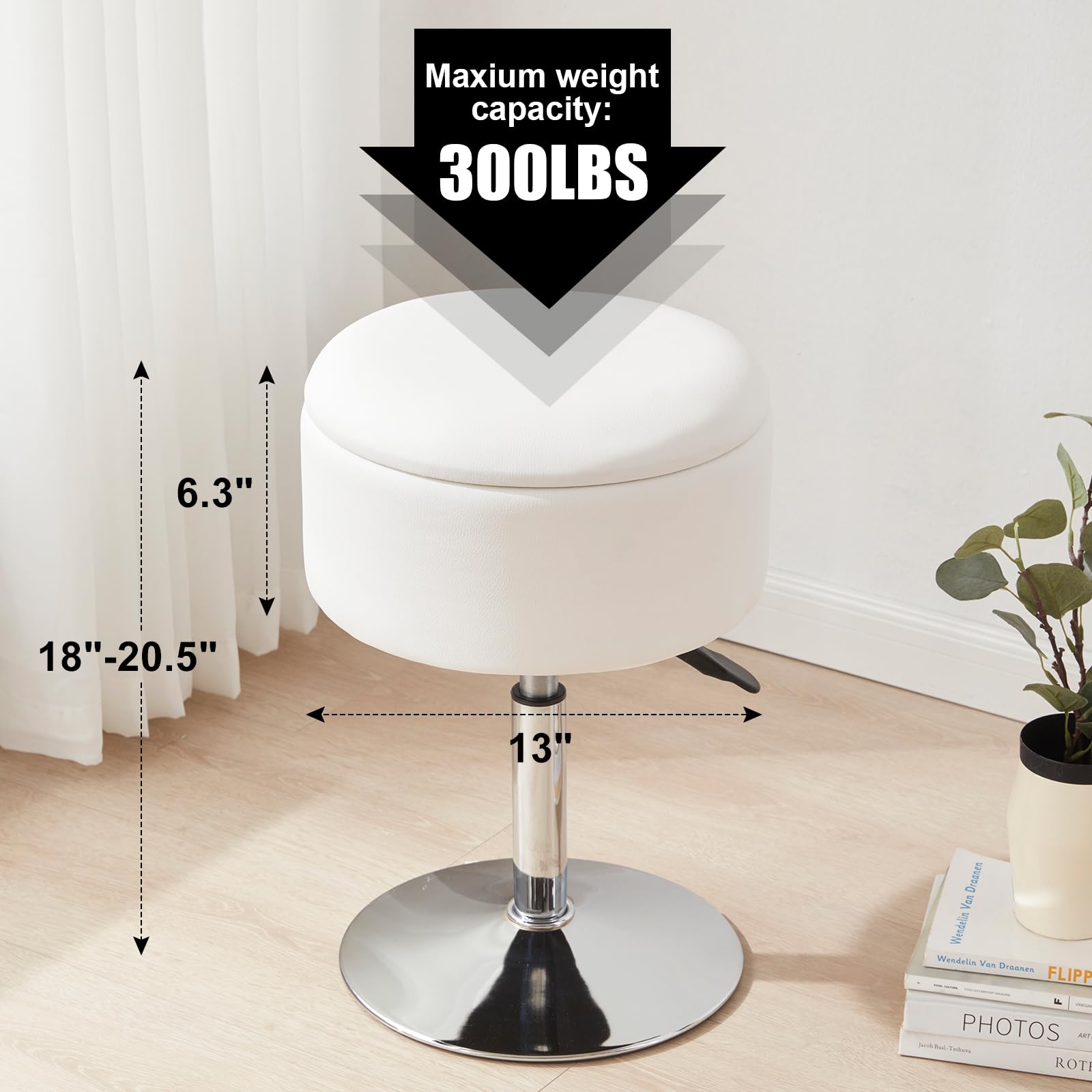 RUCUKEN White Vanity Stool Vanity Chair for Makeup Room Stool Chair for Vanity Adjustable Makeup stools with Storage Swivel Makeup Chair for Bathroom Faux Leather