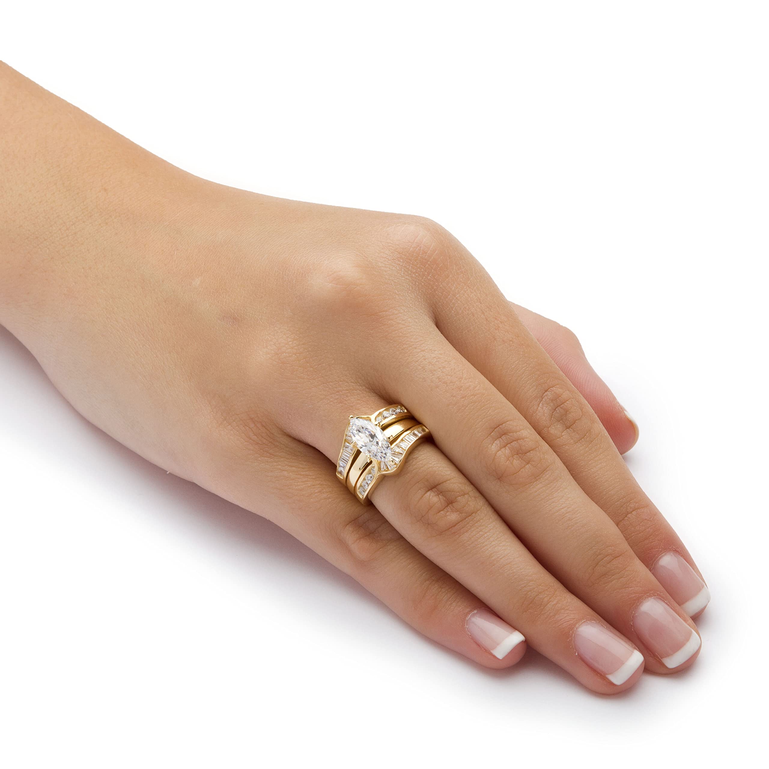 PalmBeach Yellow Gold-Plated or Sterling Silver Marquise Cut and Baguette Cubic Zirconia 2 Piece Jacket Bridal Ring Set Size 8
