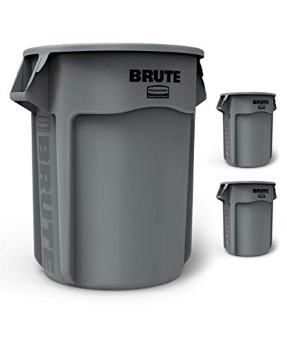 Rubbermaid Commercial Products BRUTE Heavy-Duty Trash/Garbage Can, 55-Gallon, Gray, Wastebasket for Home/Garage/Bathroom/Outdoor/Driveway, Pack of 3