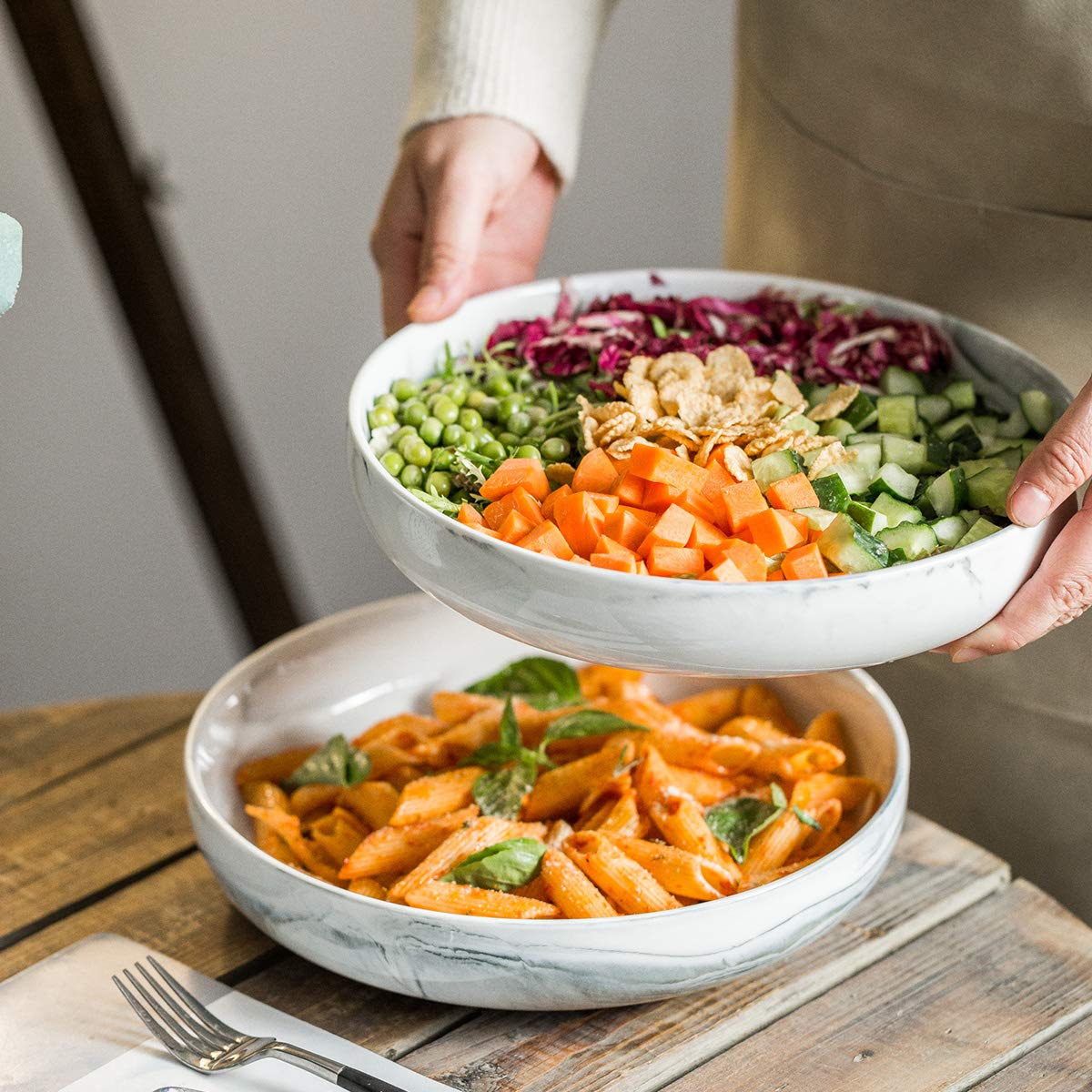 YHOSSEUN Serving Bowl Set, Ceramic Salad Serving Bowls Pasta Bowls Set of 2, Serving Dishes for Entertaining 10 inch Stackable Serving Bowls for Parties, Grey Marble