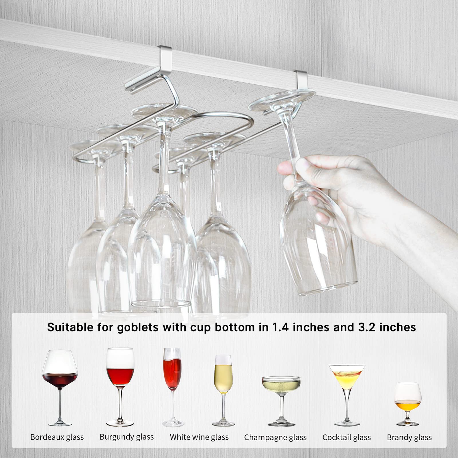 Tiilan Under Cabinet Stemware Rack, Hanging Wine Glass Holder for Kitchen, Bar, Pub - Stainless Steel, Pack of 1
