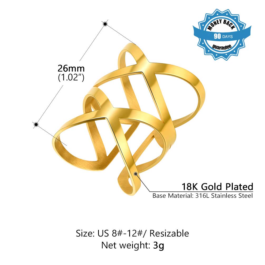 PROSTEEL Full Finger Long Ring For Women Simple X Cross Band Casual Rings Adjustable Boho Knuckle Vintage Gold Plated Cocktail Open Ring