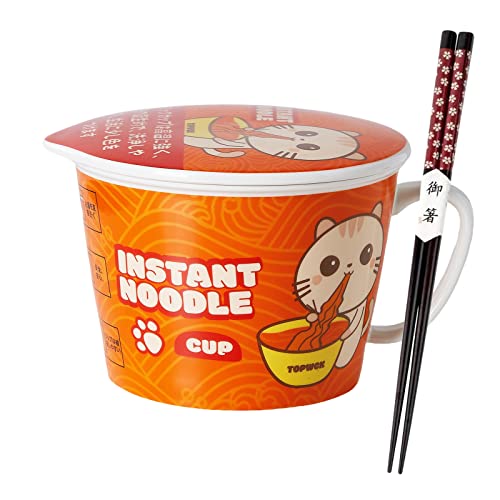 TOPWCK 34oz Large Microwavable Ceramic Ramen Bowl with Lid, Handle, Chopsticks, Cute Anime Japanese Instant Noodle Cooker Soup Bowl, Gift for Teens Kids (Cat)