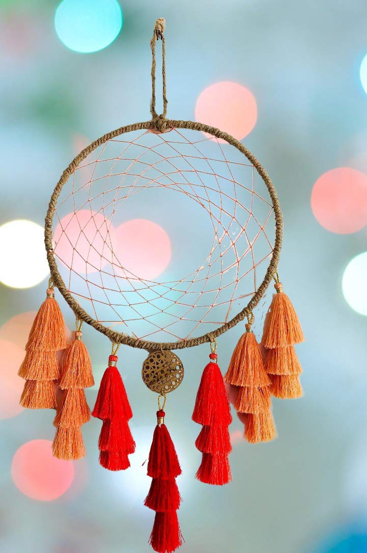 Now Is Now Boho Fall Autumn Rustic Urban Vibrant Wall Decor Amber Tassels Web Dream Catcher Hanging Height 23.6 in (60 cms),