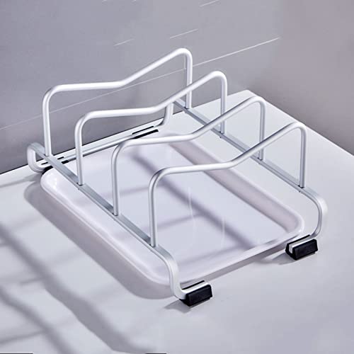 SEYFI Kitchen Shelves,3 Slots Pot Lid Holder Organizer, Kitchen Pot Lid Rack with Draining Tray, Space Aluminum Cutting Board Stand, Reusable, Space Saving/White