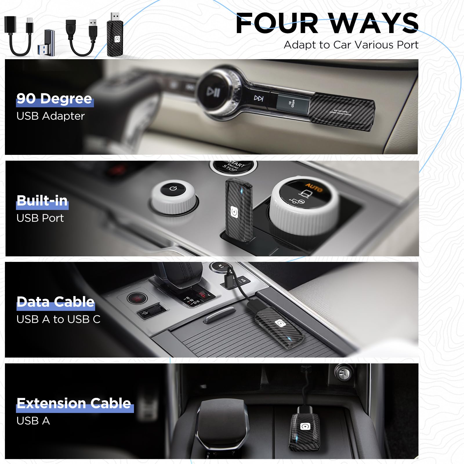 MSXTTLY Wireless CarPlay Adapter for Apple iPhone iOS 12+ U2C-AIR Small Car Play Dongle for OEM Wired CarPlay Car Model 2017+ USB C to A, USB A Extension Cable, 90 Degree USB Adapter, 3 Adapters