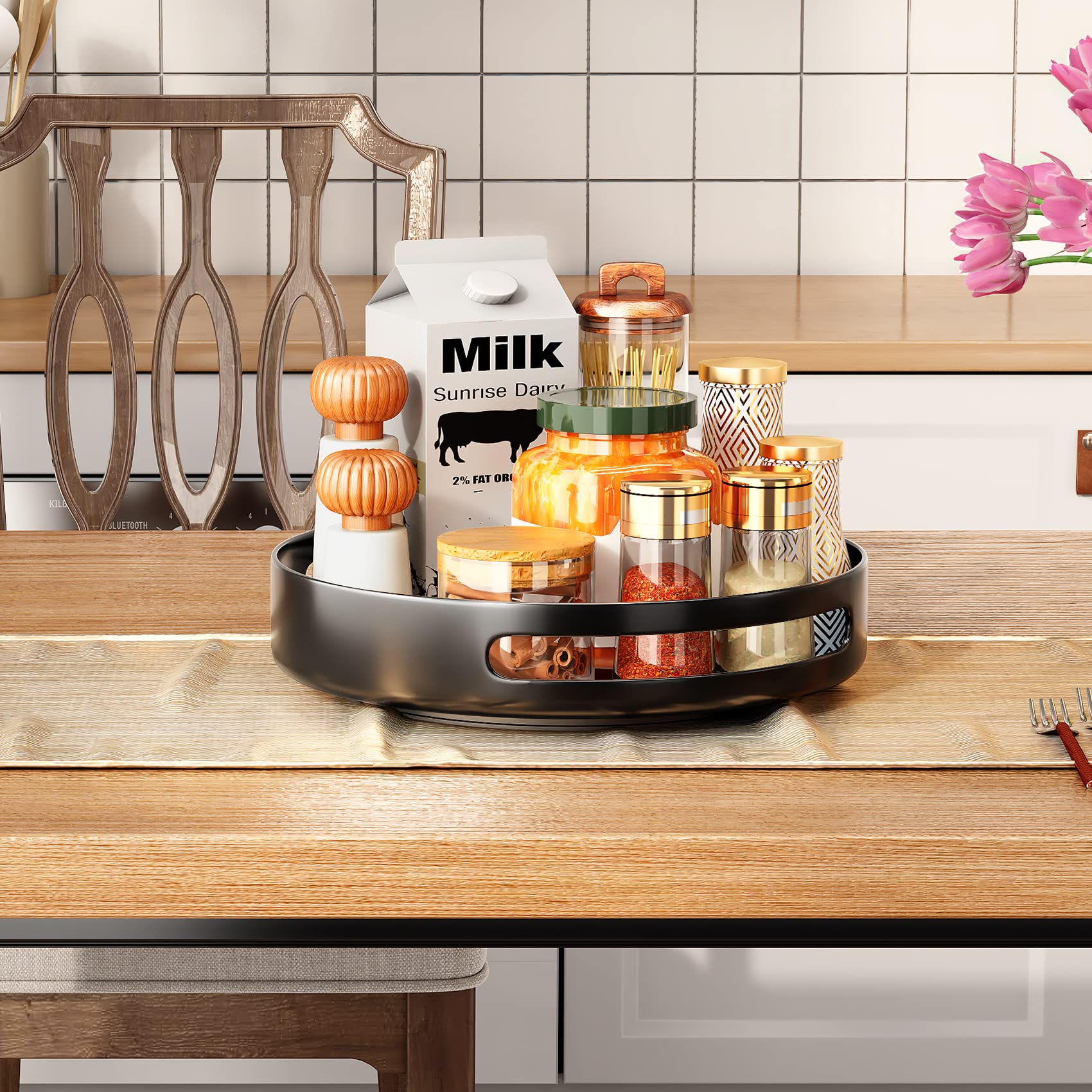 Spice Rack 2 Tier Lazy Susan Turntable, Height Adjustable Metal Rotating Organizer for Cabinet Pantry Kitchen Countertop Cupboard (10 inches-2 Tier Black 10'')