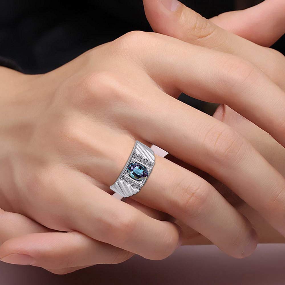 Rylos Sterling Silver Classic 8X6MM Oval Alexandrite Gemstone & Sparkling Diamond Ring - Birthstone Jewelry for Men -Size 11