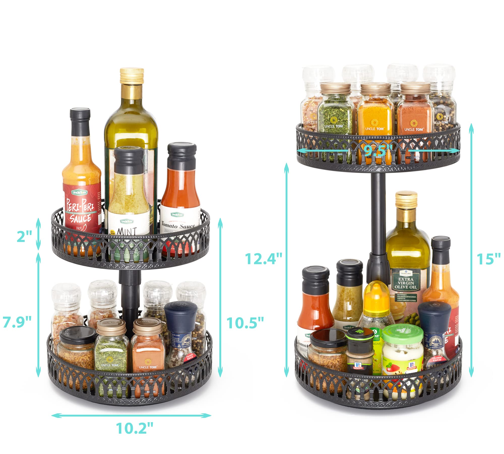 Y&M 2 Tier Lazy Susan Turntable, Height Adjustable Spice Organizer, 9.5” & 10” Round Metal Rotating Spice Rack, Spice Jars Storage Holder for Snack Pantry Cabinet Bathroom Countertop Kitchen - Black