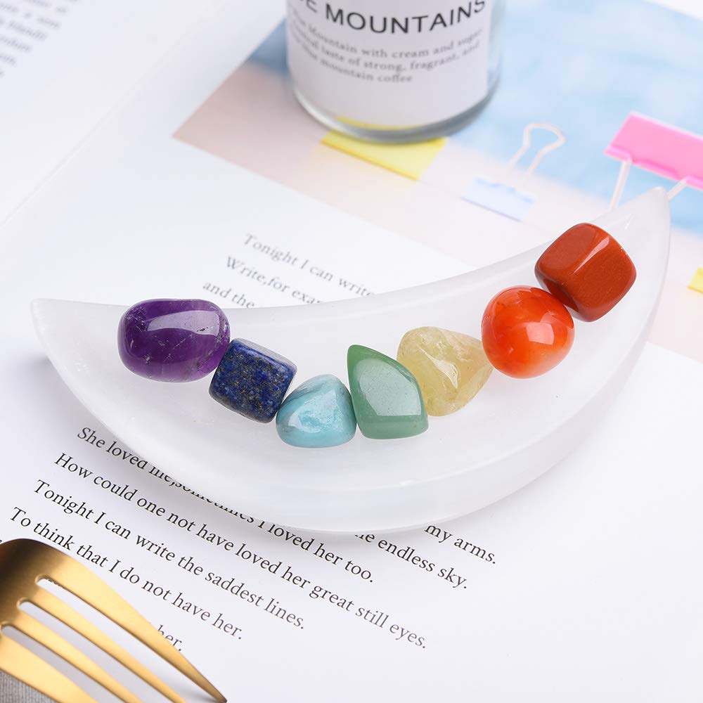 Runyangshi 6" Moon Selenite Bowl with Red Jasper Citrine Amethyst Green Aventurine 7 Chakra Tumbled Healing Stone for Energy Charging Reiki Chakra Meditation Home Decor Gift