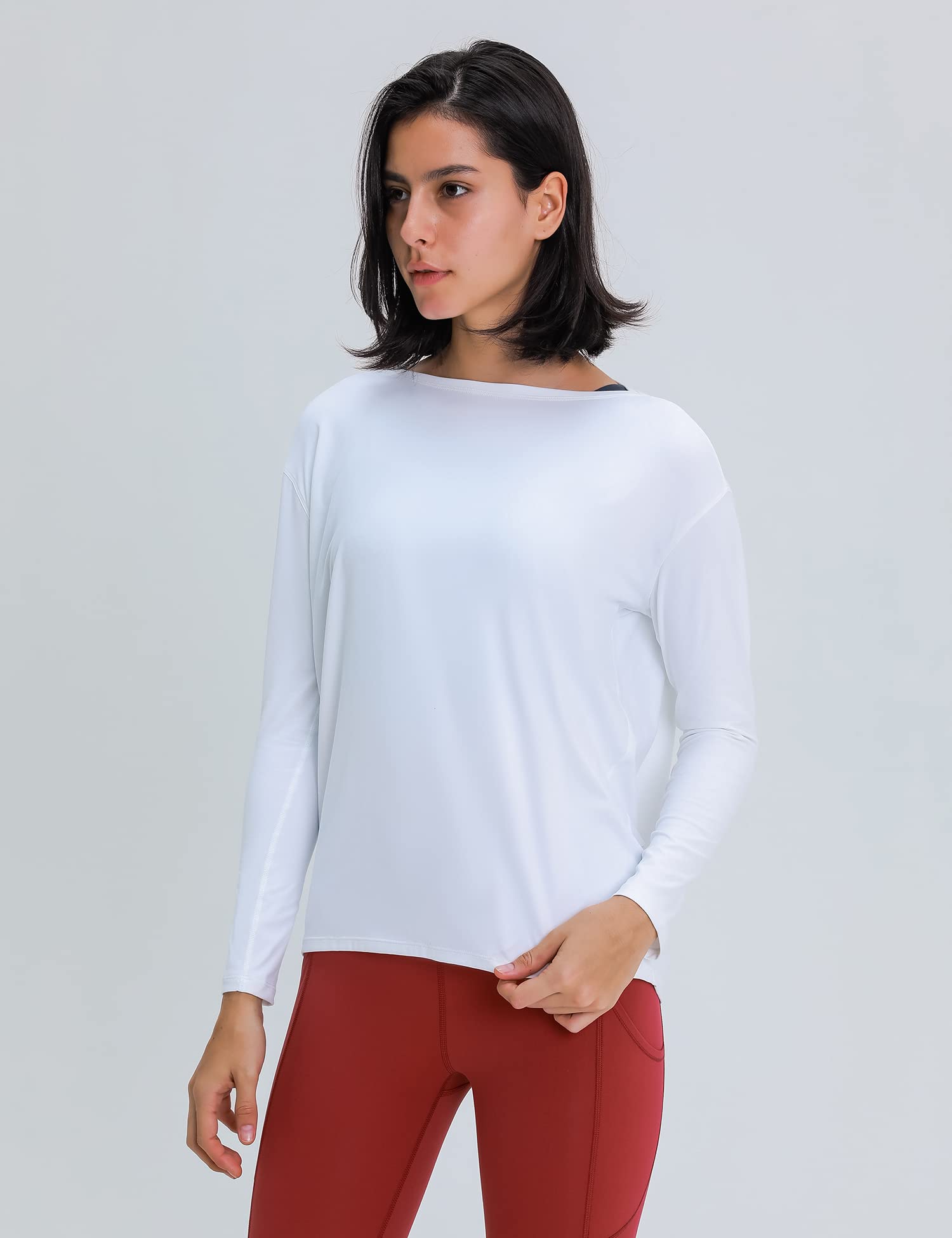 YQBFIT Women's Athleisure Clothes Loose Workout Tops for Women Long Sleeve Athletic Shirts Womens Pullover Workout White