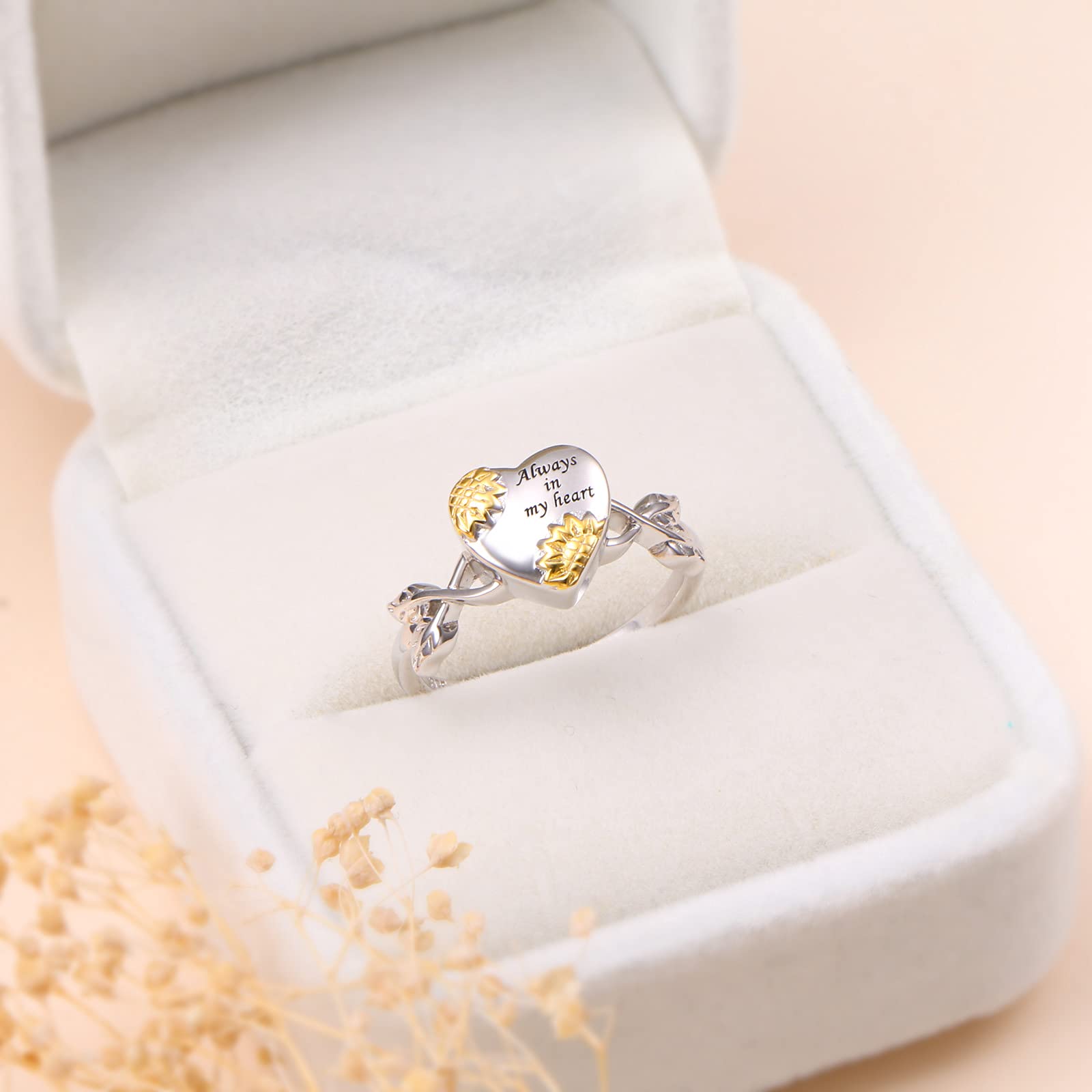 Sunflower Urn Ring for Ashes 925 Sterling Silver Cremation Jewelry Ashes Keepsake Ring for Women Memorial Jewelry Bereavement Gift Size 8