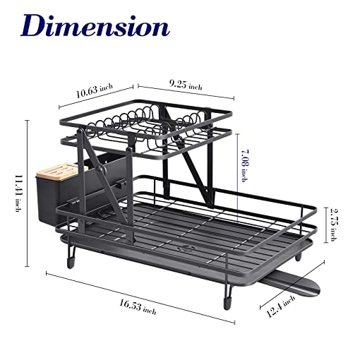 TOOLF 2 Tier Dish Drying Rack, Dish Rack for Kitchen Counter, Free Assembly Foldable Drainboard and Drainer with Wooden Utensil Holder for Kitchen Sink, Black