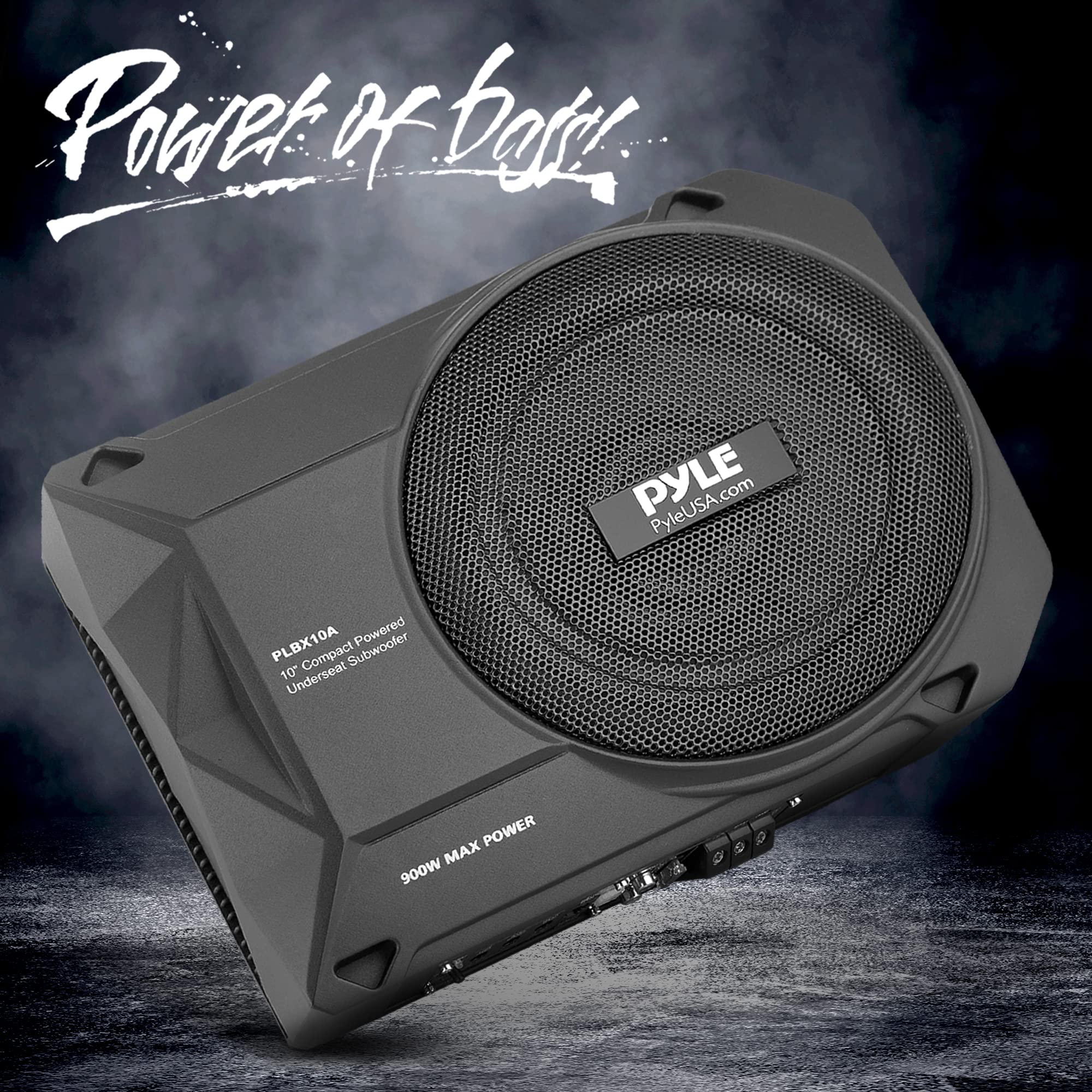 Pyle 10-Inch Low-Profile Amplified Subwoofer System - 900 Watt Compact Enclosed Active Underseat Car Audio Subwoofer with Built-in Amp, Powered Car Subwoofer w/Low & High-Level Inputs - PLBX10A