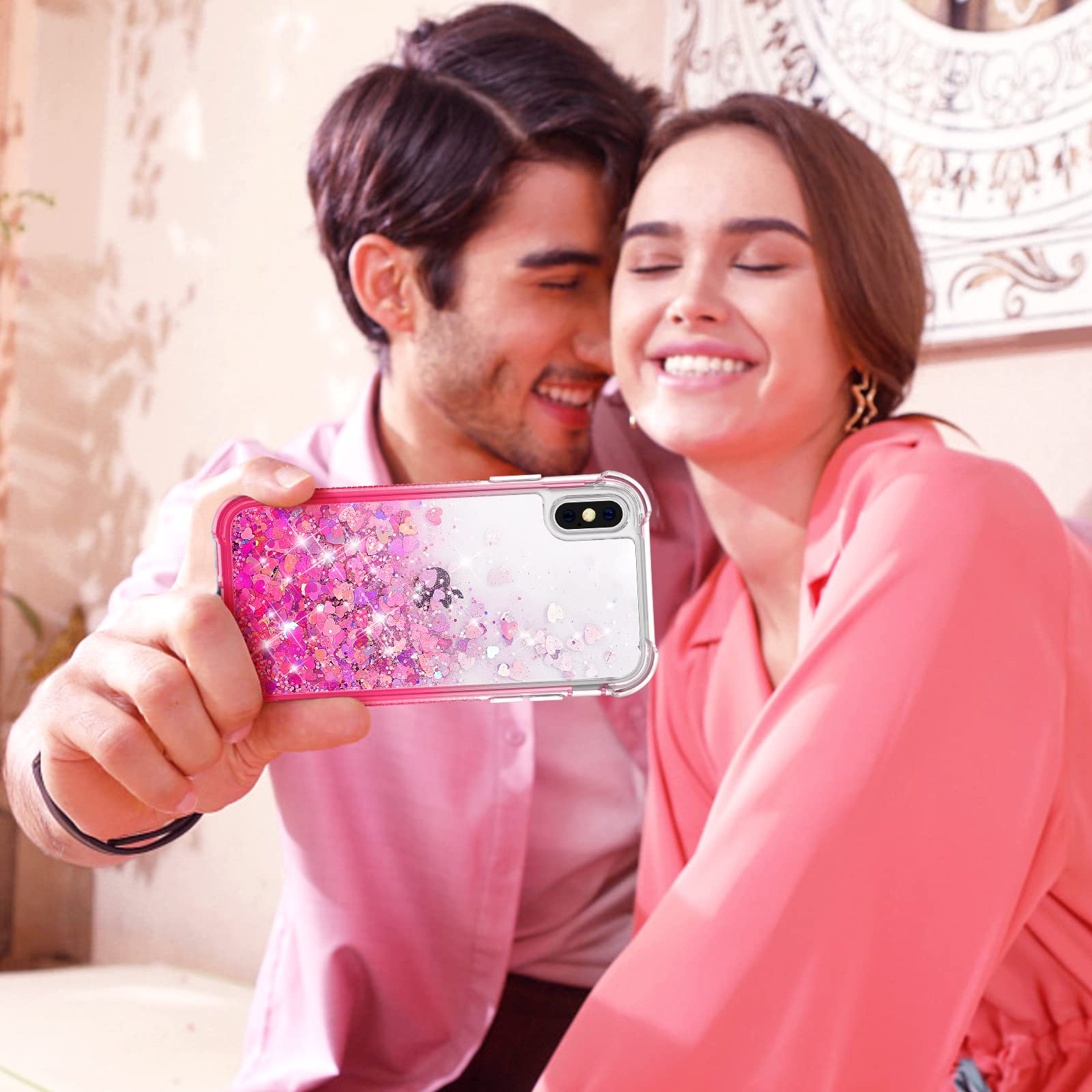 Ruky for iPhone X Case, iPhone Xs Case, Full Body Rugged Glitter Liquid Case with Built-in Screen Protector Shockproof Protective Women Phone Case for iPhone X iPhone Xs 5.8 inches (Gradient Pink)